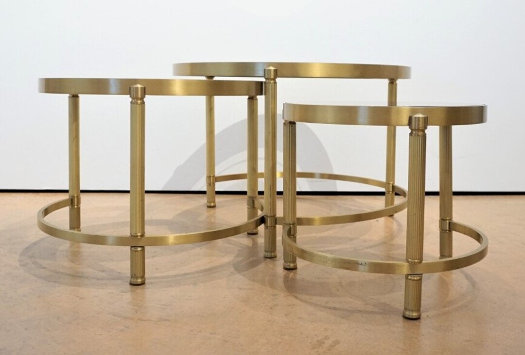 Smoked Glass Brass Gold Nesting Tables France 1970s Round Table Gold ...