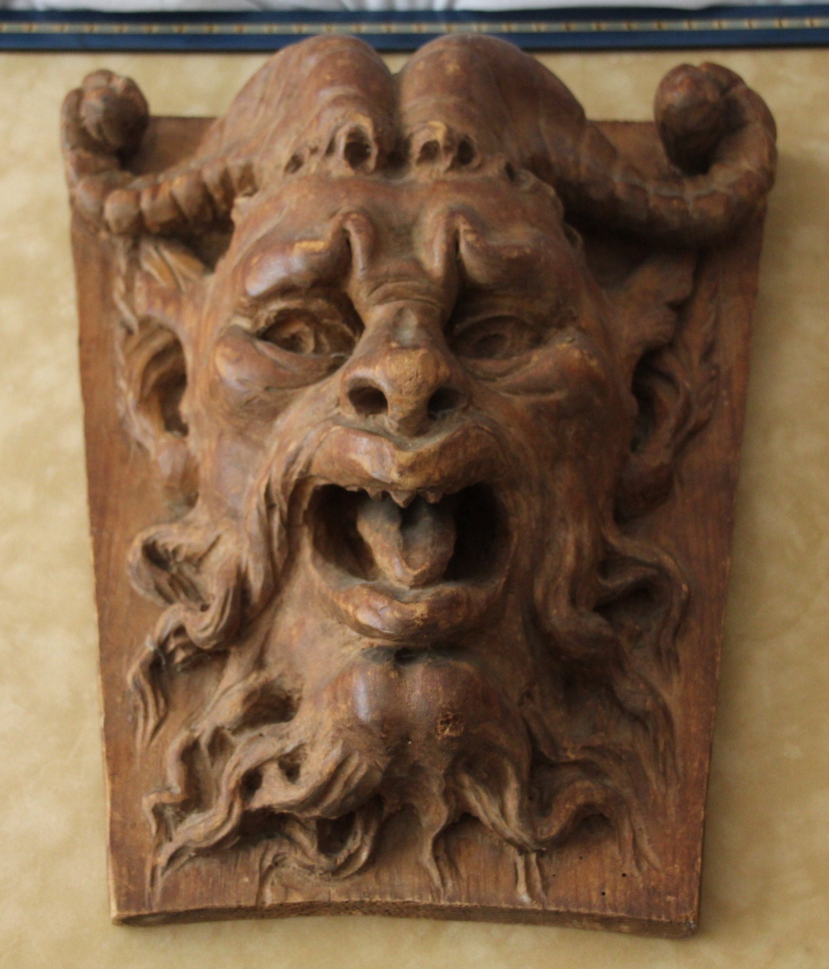 Antique Carved Wood Devil Wall Art Horned Devil Demon Wall Decor Devil ...