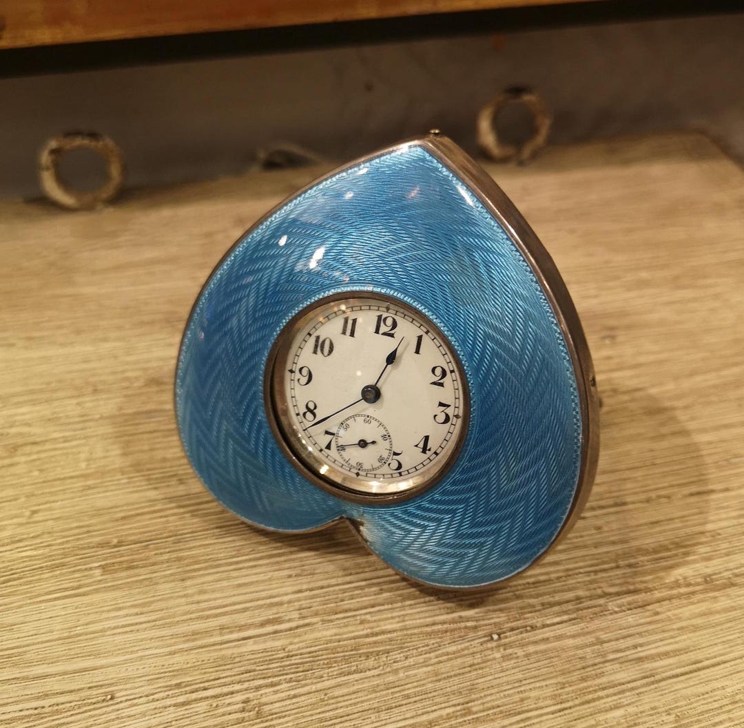 Swiss Made Art Deco Blue Enamel Desk Clock Sterling Silver Heart Shape ...