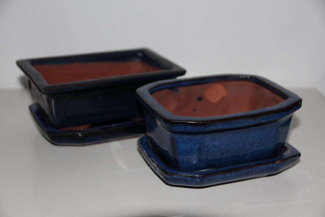 Blue Ceramic Bonsai Pots Set of 2 Vase Planter Pottery Flower Bowl Blue ...