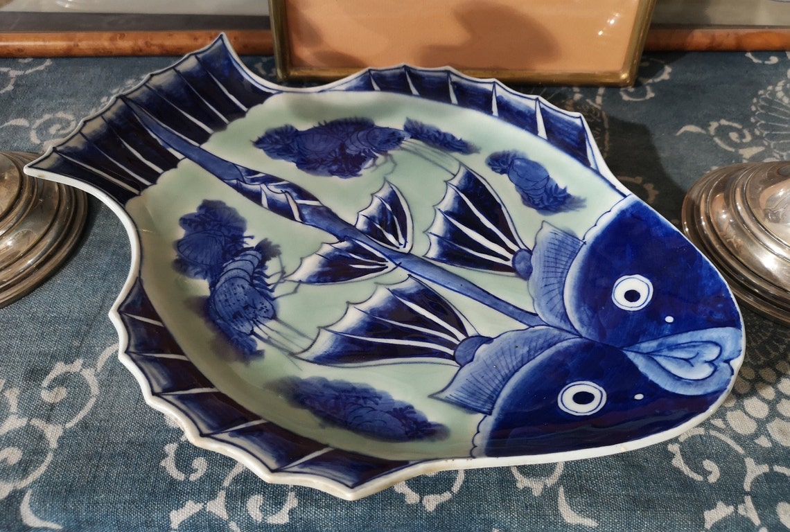 Japanese Antique Porcelain Plate Fish Shaped Blue Green Meiji - Etsy
