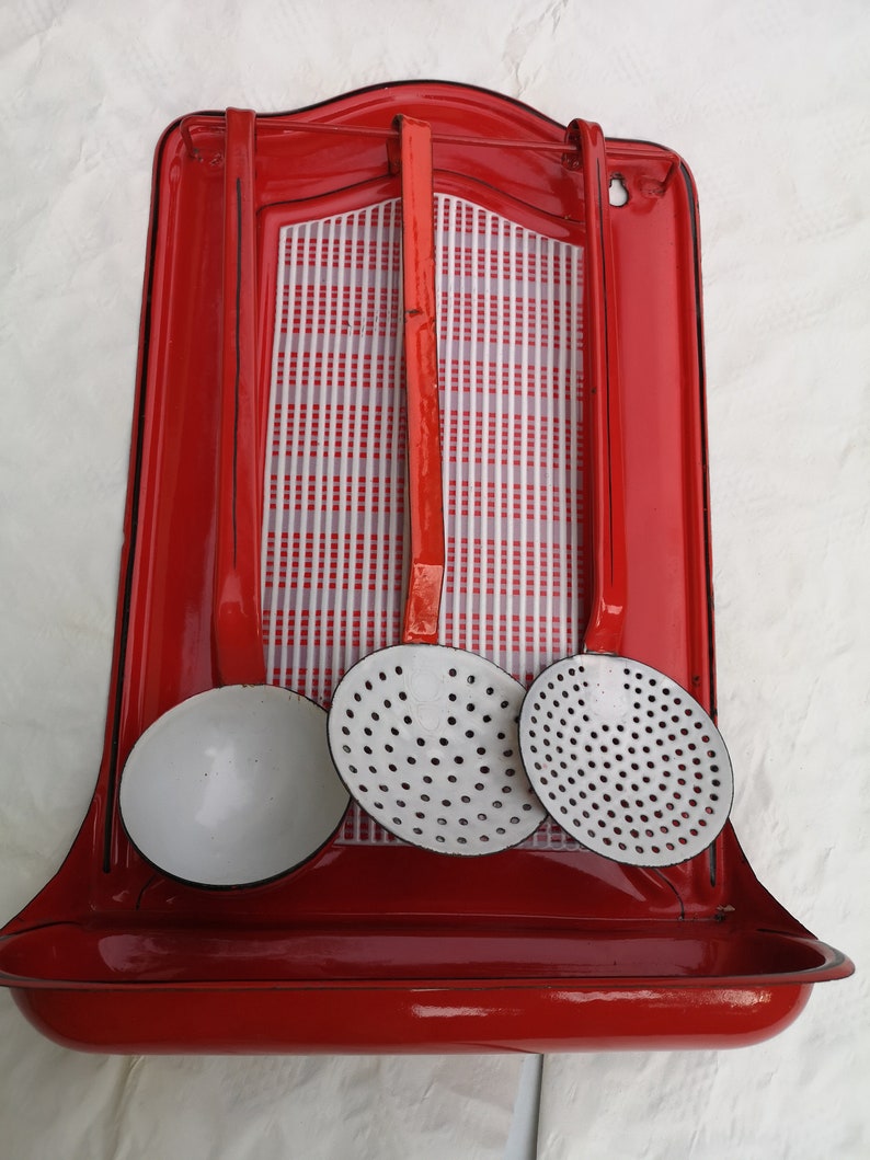 Red and White Enamel Kitchen Utensil Holder Set Red Ladle Rack ...