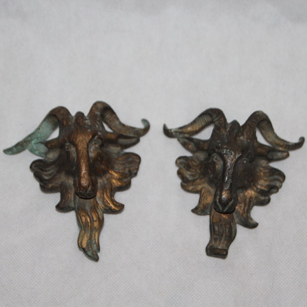 Bronze Aries Ram Head Profiles Antique Goat Head Horned Devil Demon ...