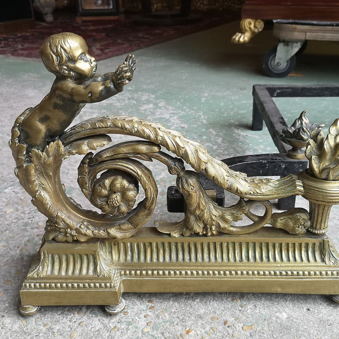 Gold Bronze Andirons Torch Flame Angels Putti Cherub Amour Fireplace ...