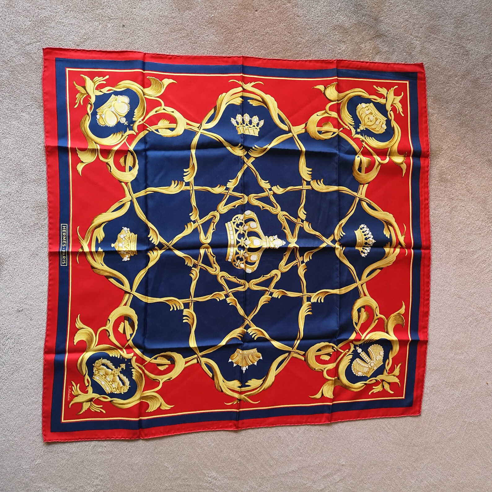 Hermes Silk Scarf Crown Decor Gold Scarf Red Scarf Red Square - Etsy