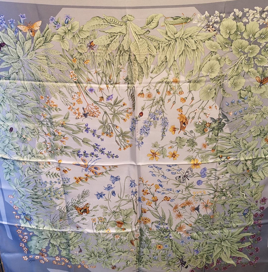 Hermes Silk Scarf Insect Decor Butterfly Field Flowers Blue Silk Scarf ...