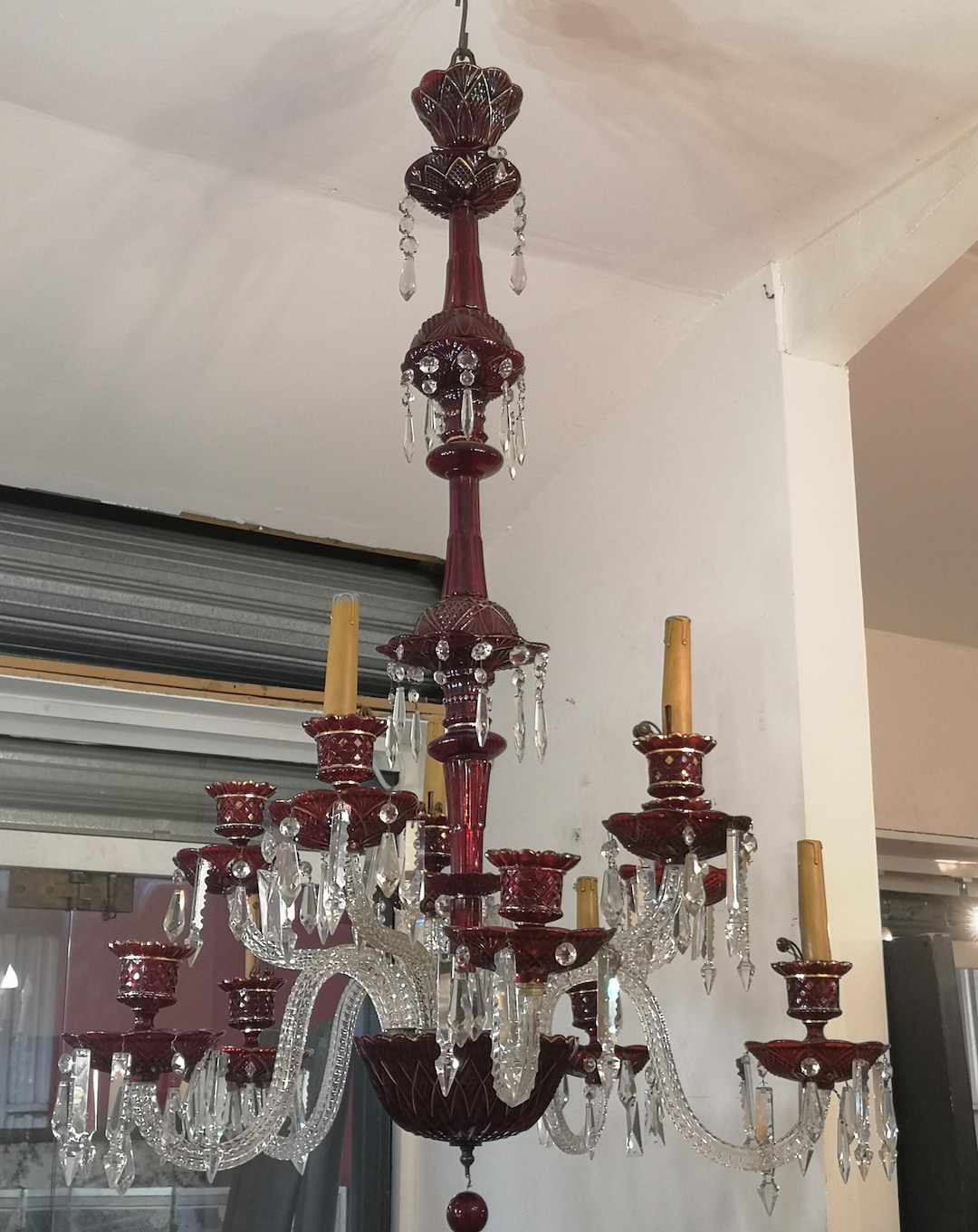 RESERVED Large Garnet Red Crystal Light Fixture Red Crystal Chandelier ...