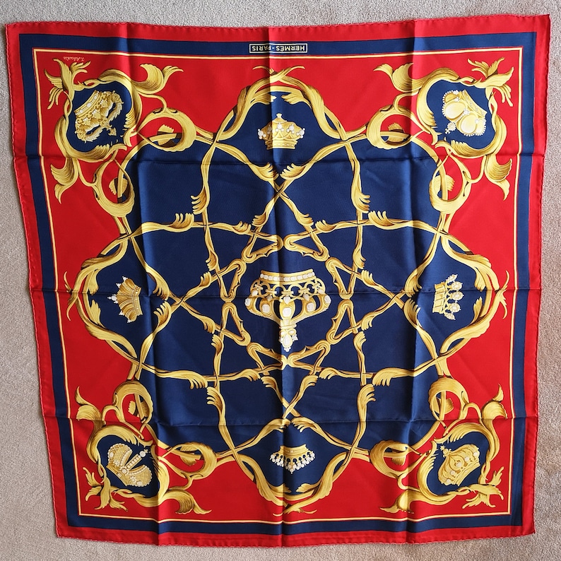 Hermes Silk Scarf Crown Decor Gold Scarf Red Scarf Red Square - Etsy