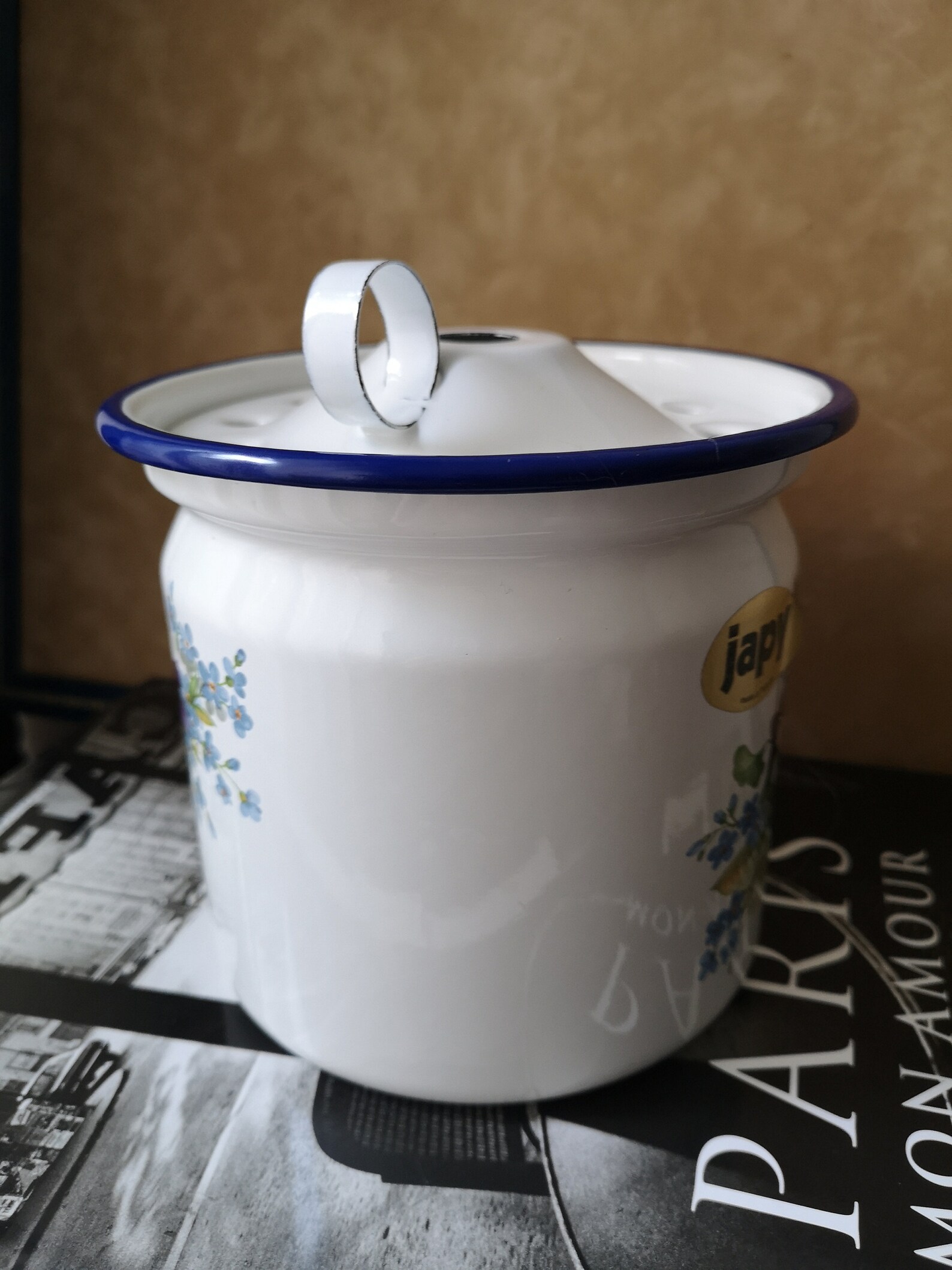 French Enamel Milk Pot Violets Decor Blue and White Enamelware - Etsy