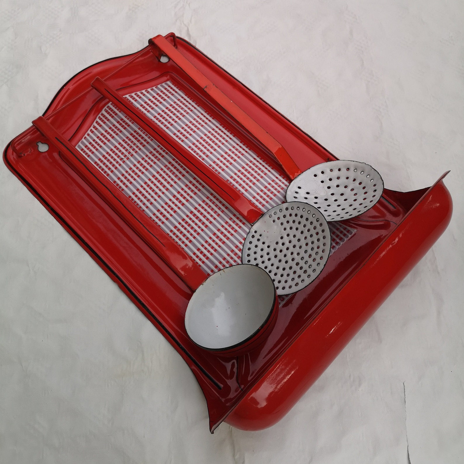 Red and White Enamel Kitchen Utensil Holder Set Red Ladle Rack ...