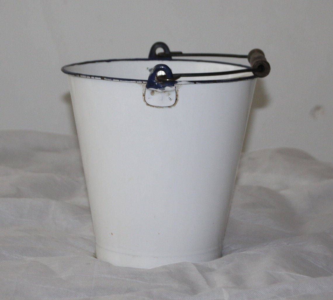 White Enamel Bucket With Handle Metal French Farmhouse Kitchen | Etsy