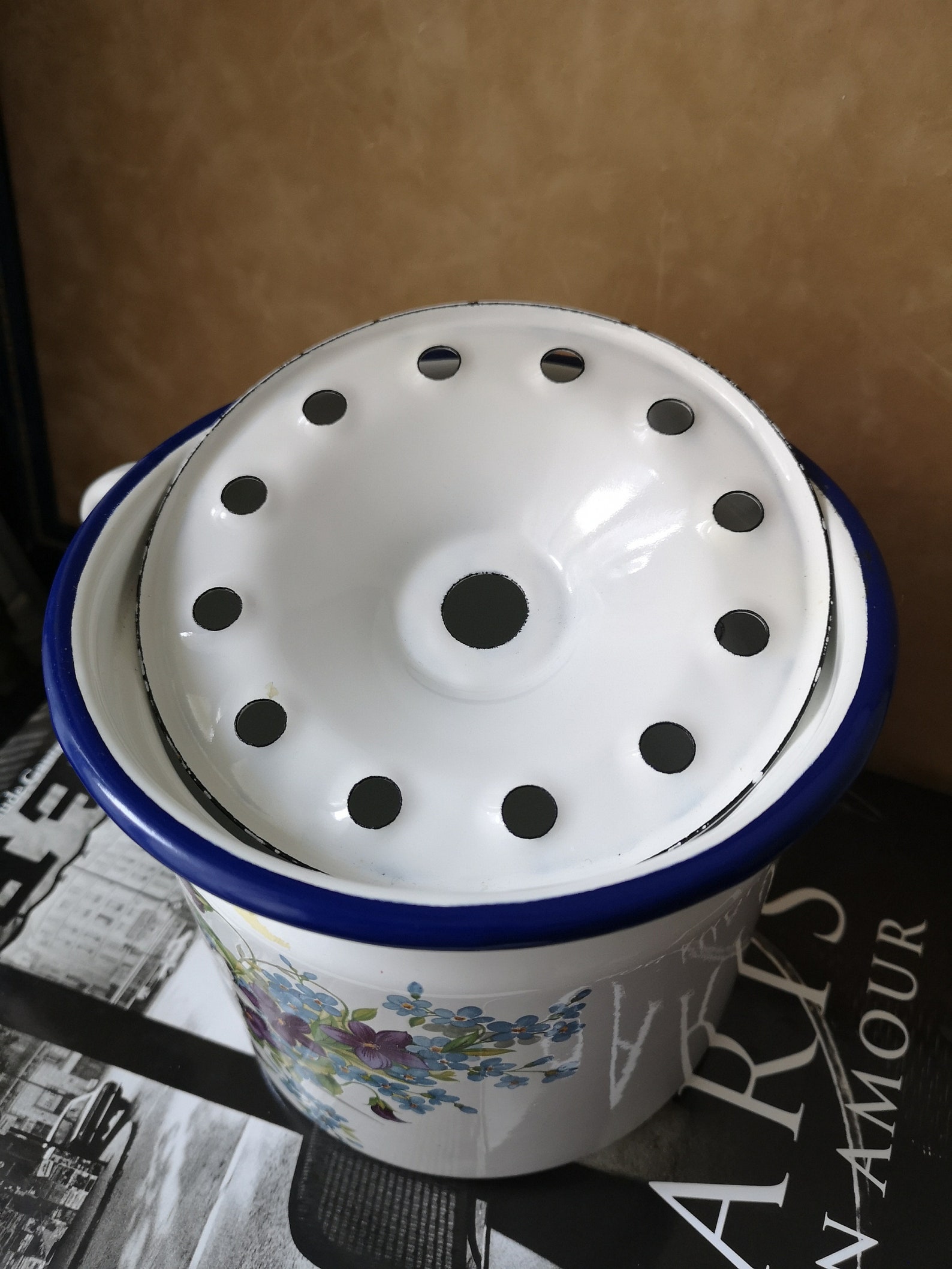 French Enamel Milk Pot Violets Decor Blue and White Enamelware - Etsy