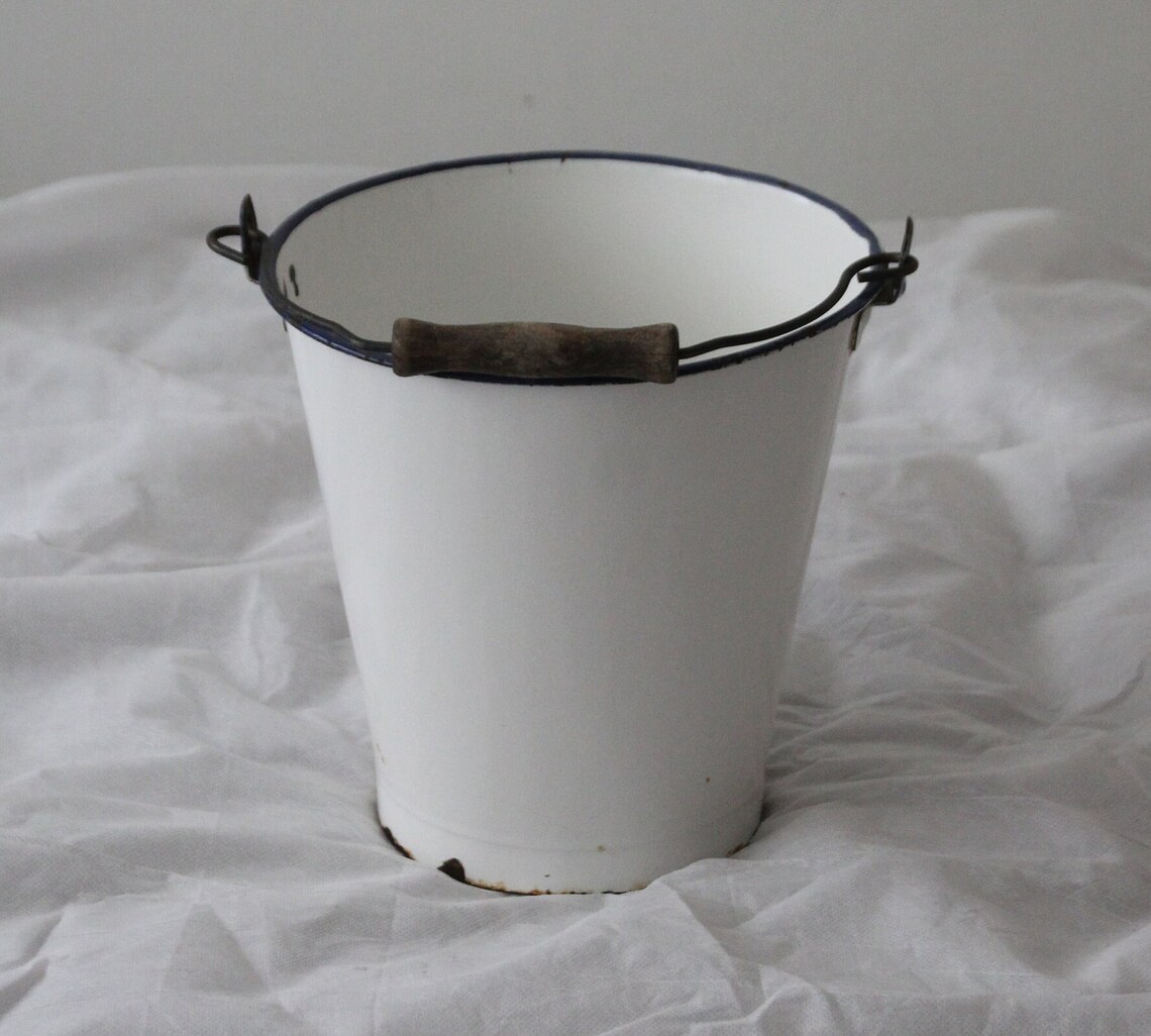 White Enamel Bucket With Handle Metal French Farmhouse Kitchen | Etsy