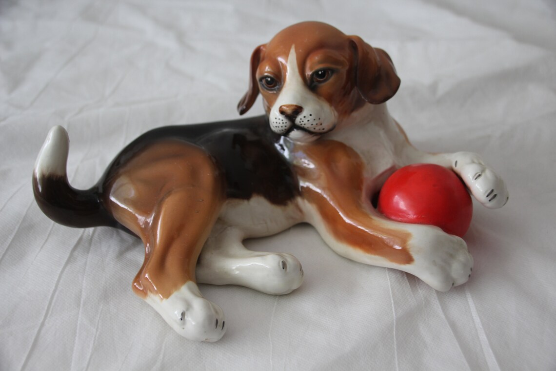 Beagle Puppy With Red Ball Cute Puppy Ceramic Dog Figurine Dog - Etsy
