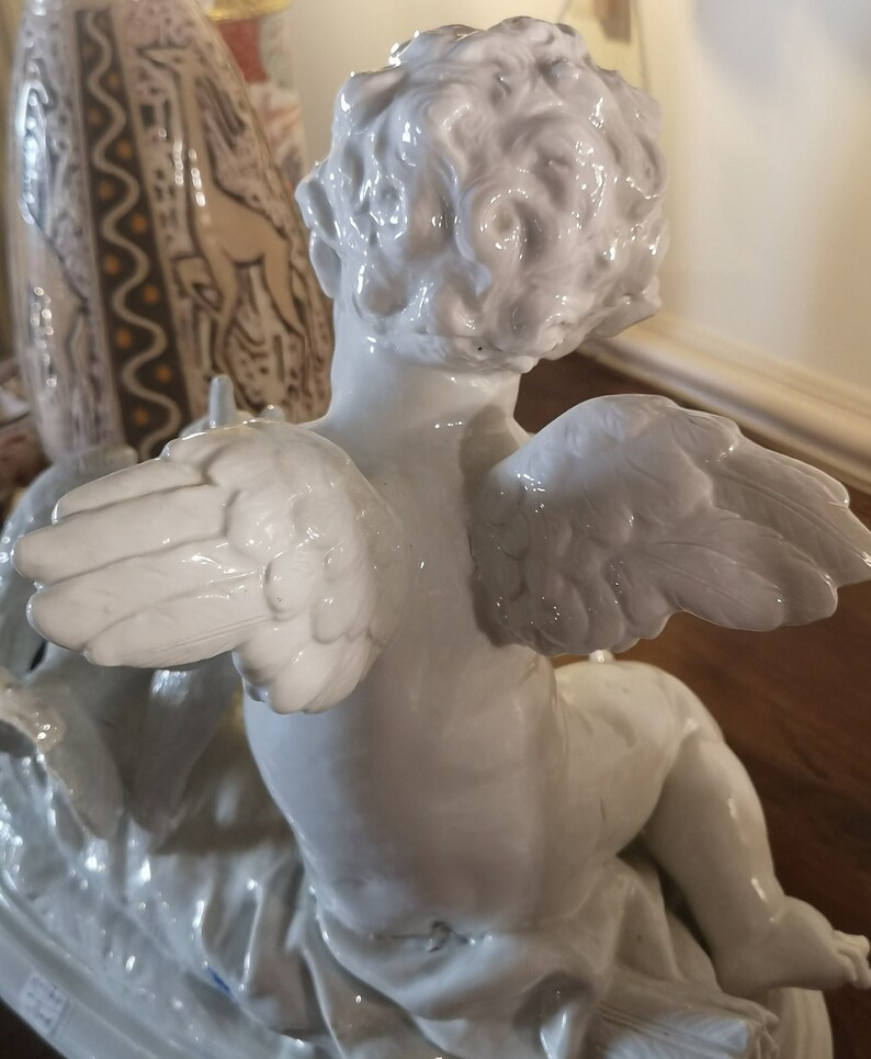 Large White Porcelain Group Winged Angel Figurine Bird Little Boy Kid ...