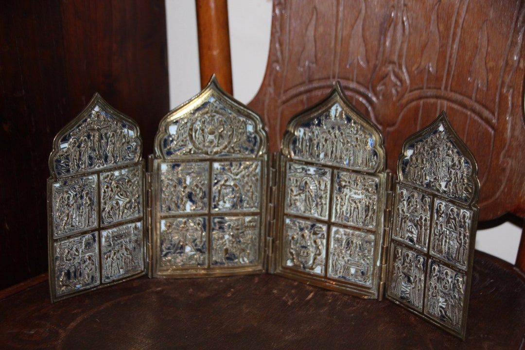 Bronze QUADRIPTYCH ICON Christ Our Lady Travel Icon Jesus Christ Table ...
