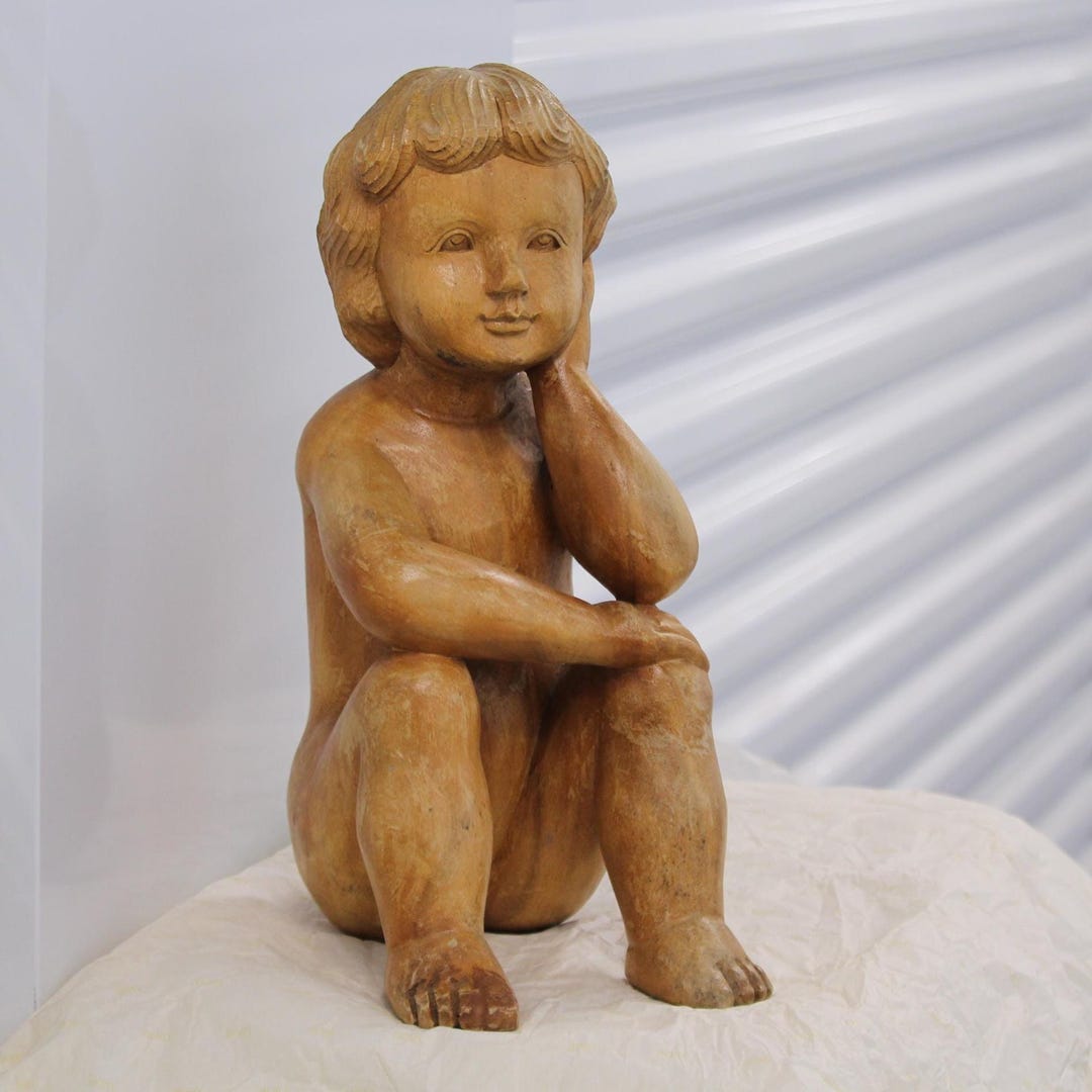 Carved Wood Baby Figurine Kid Statue Little Boy Sculpture Girl Baby ...