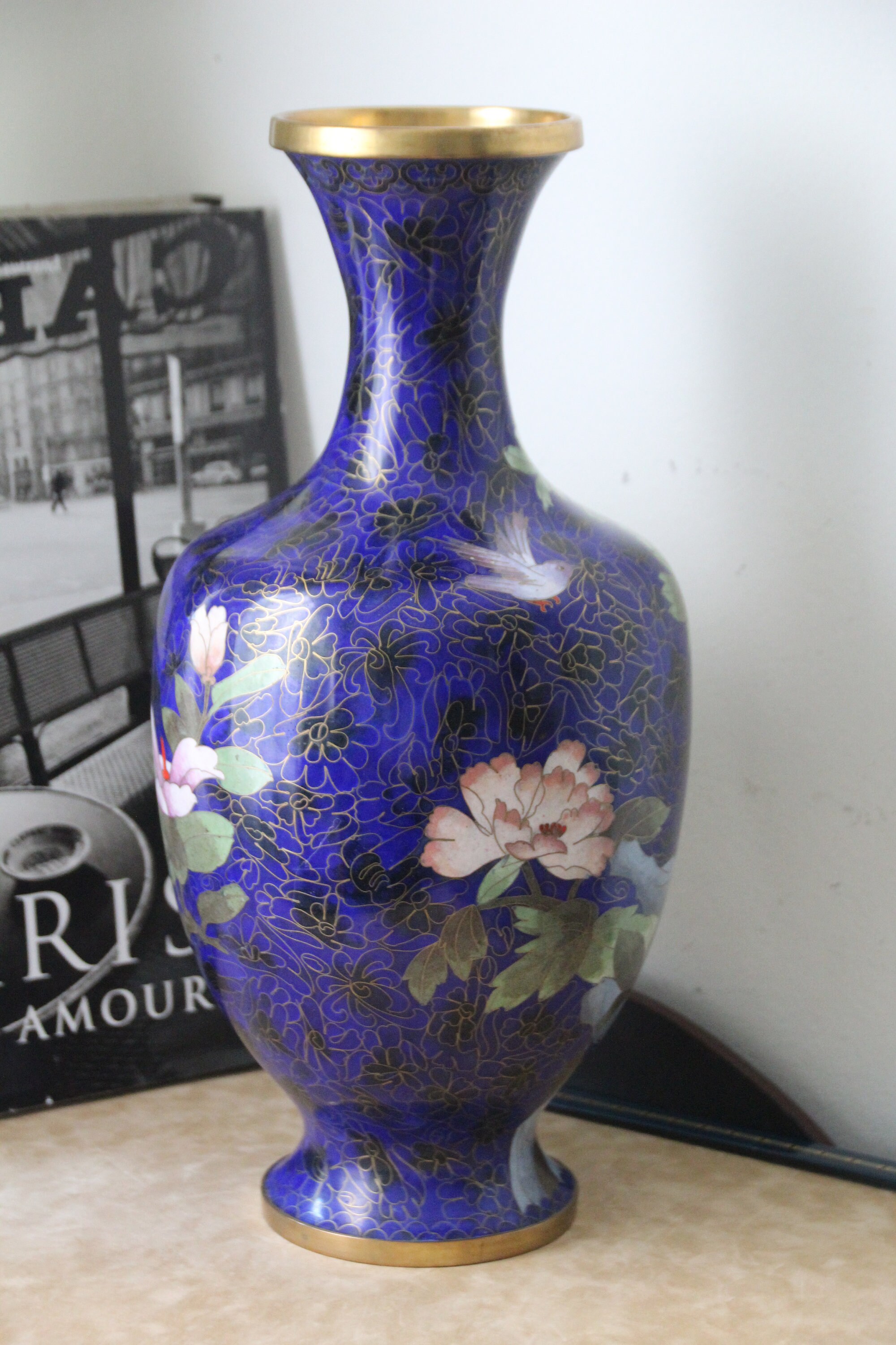 Large Cobalt Blue Cloisonne Vase Enamel Pink Chrysanthemum - Etsy