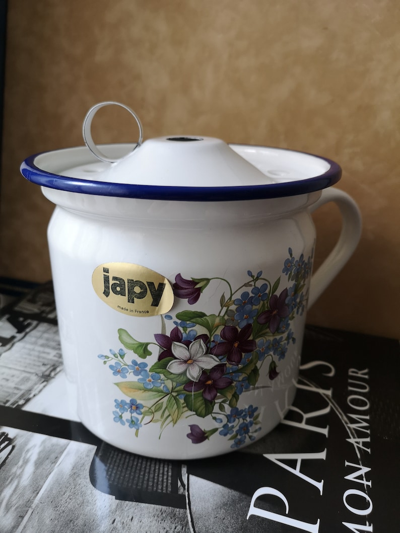 French Enamel Milk Pot Violets Decor Blue and White Enamelware - Etsy