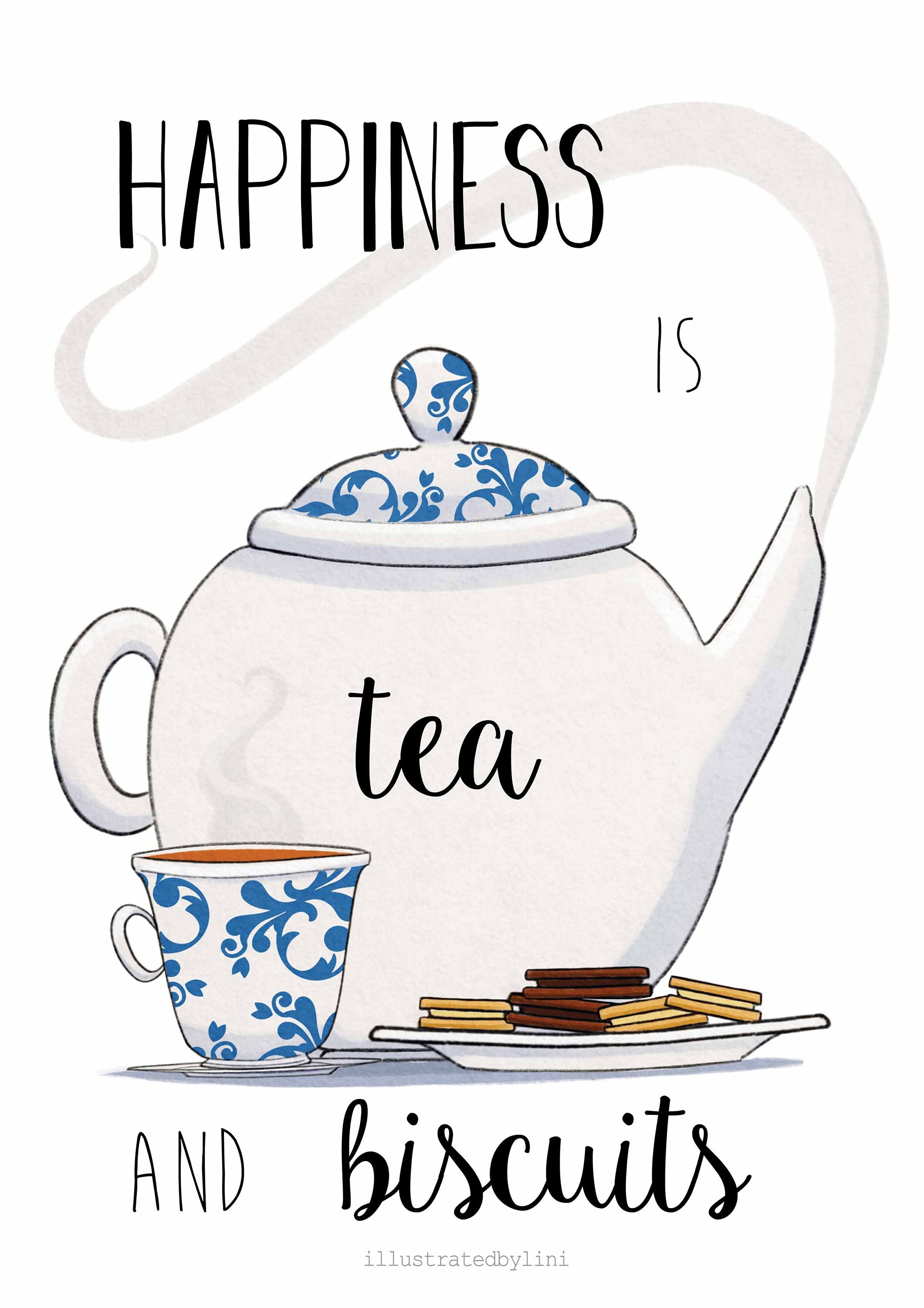 Happiness is Tea & Biscuits UNFRAMED Cute Art Kitchen Wall | Etsy