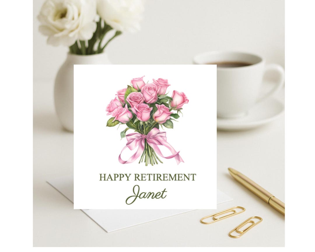 Personalised Retirement Card, Floral Retirement Card, Roses Bouquet ...