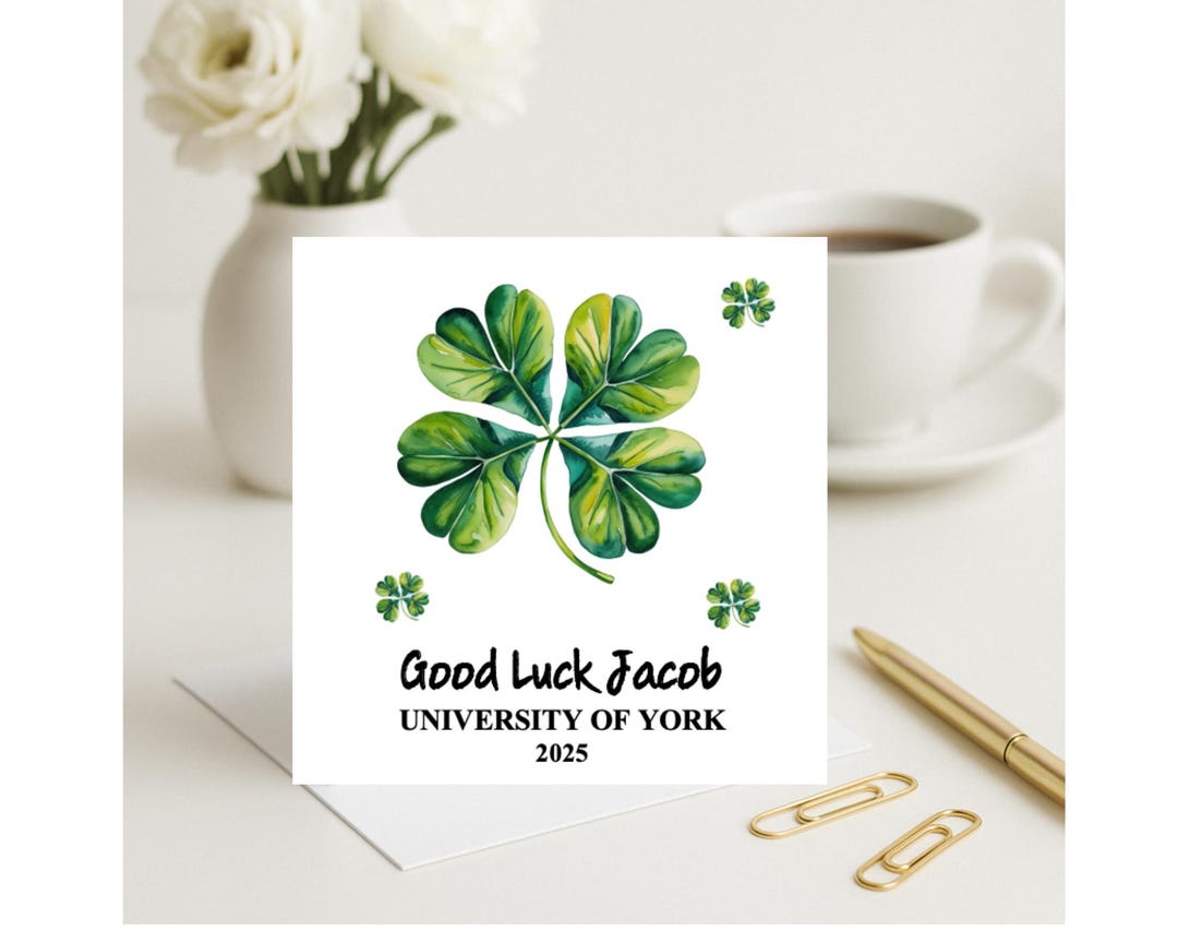 Personalised Good Luck at University Card, University Card, Four Leaf ...