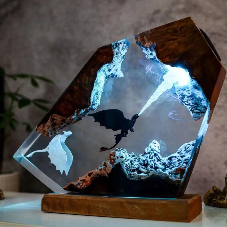 Fire Breathing Toothless and Light Fury Lamp, HTTYD Dragon Resin Art ...