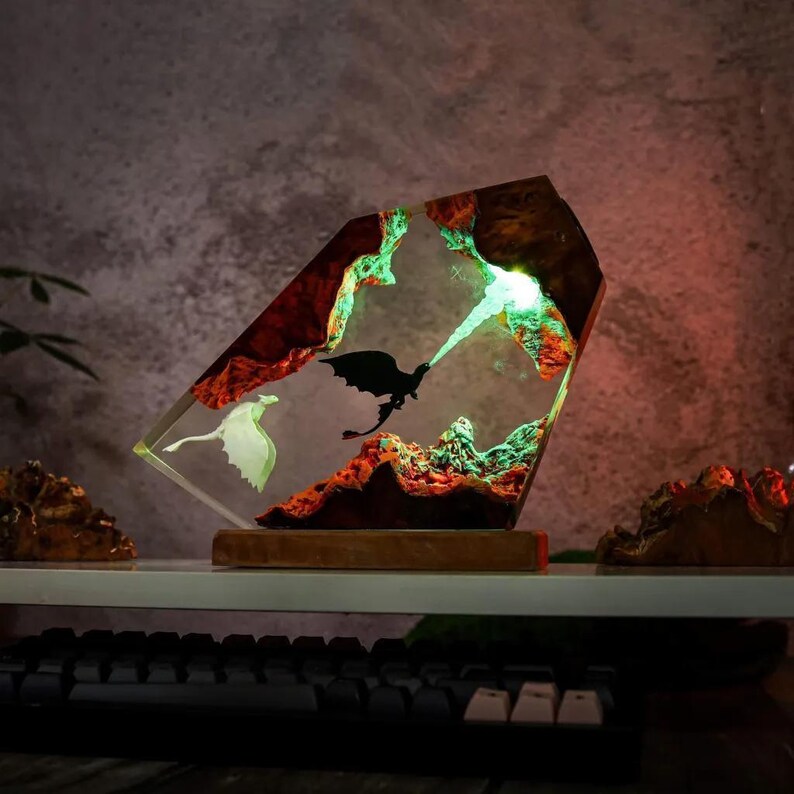 Fire Breathing Toothless and Light Fury Lamp, HTTYD Dragon Resin Art ...