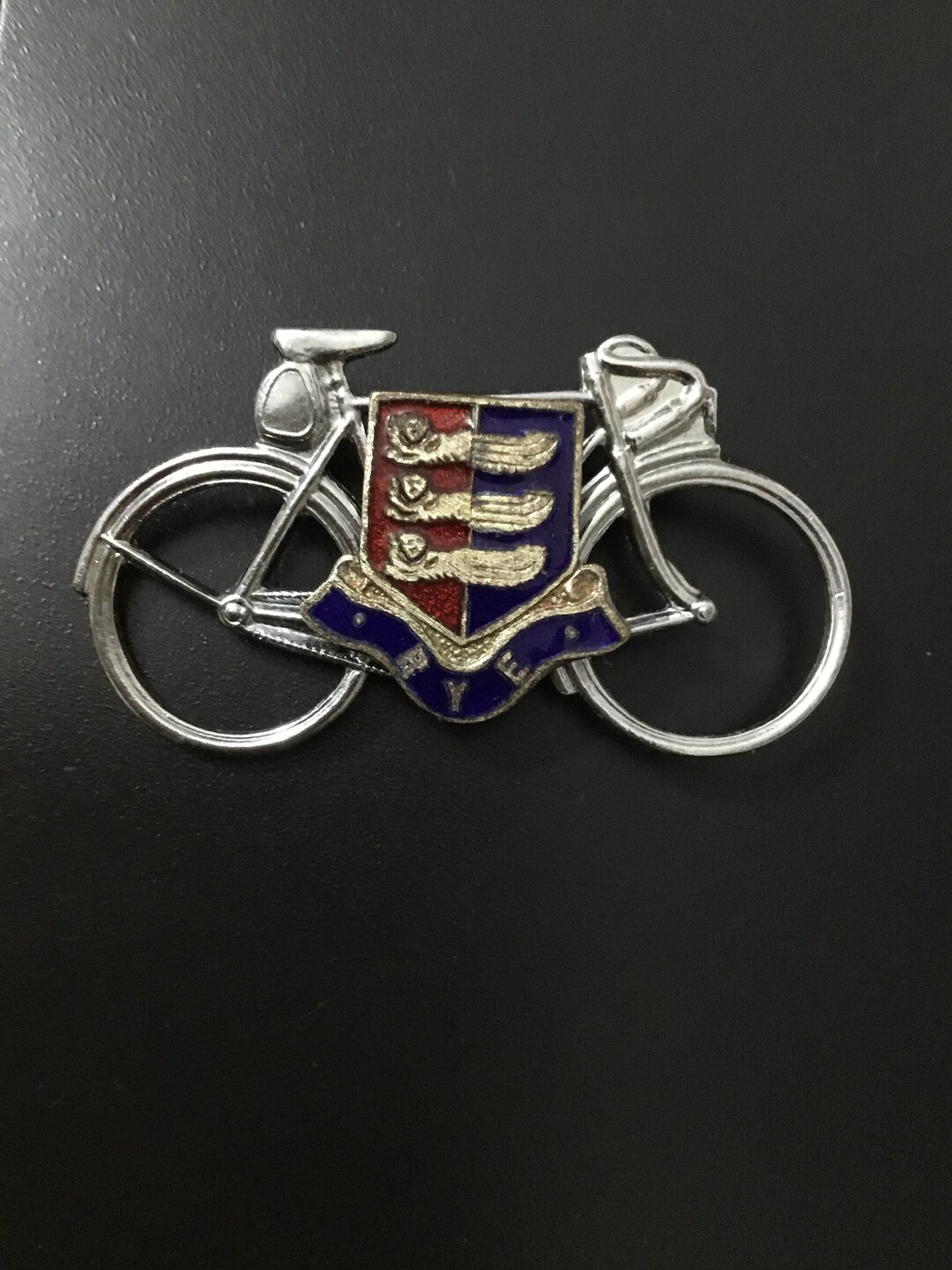 Vintage Mid Century Red and Blue Enamel Bicycle Shield Silver Tone ...