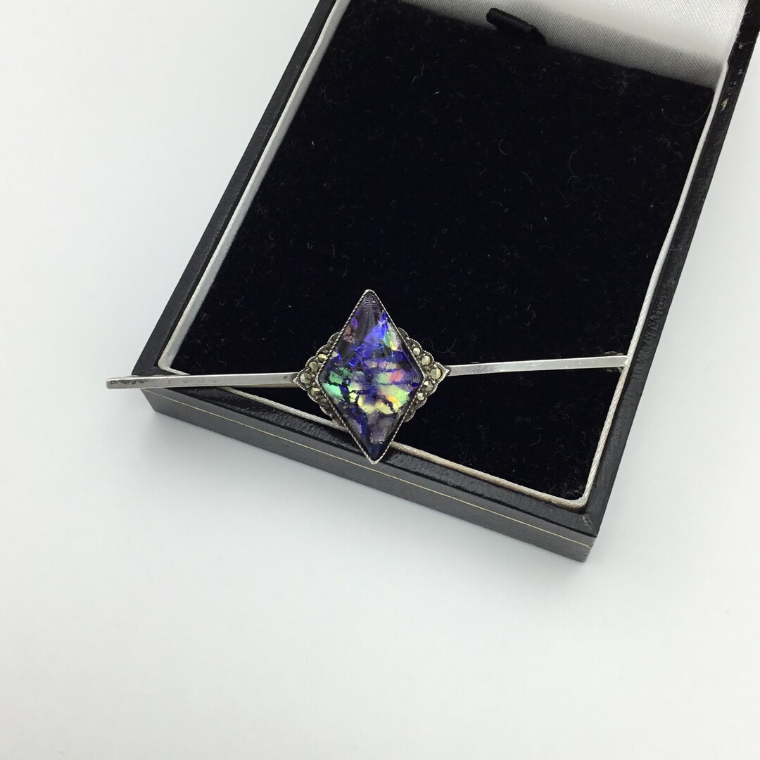 Art Deco C1920s Sterling Silver Diamond Shape Art Glass & Marcasites ...