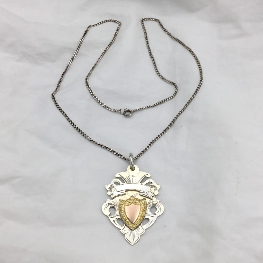Vintage Sterling Silver & Gold England 1911 Ornate Shield Fob Pendant ...