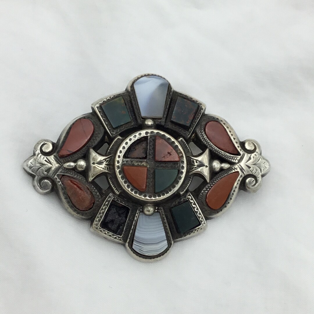 Antique Victorian C1870 Scottish Silver Celtic Large Brooch Dark Green ...