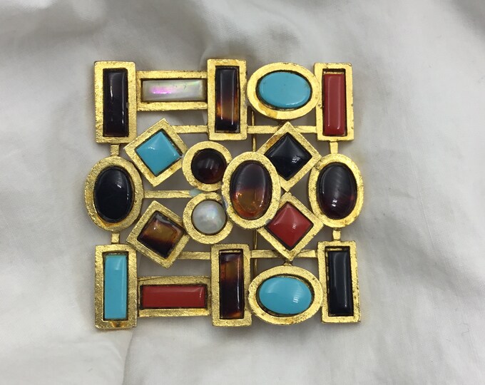 Vintage Signed Capri Brutalist Large Multicolour Glass and Gold Tone ...
