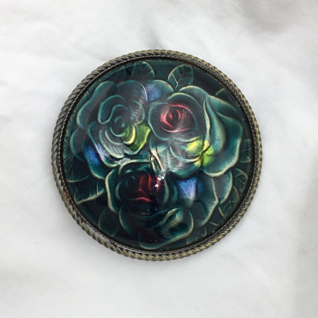 Vintage 1960s Blue Green and Red Roses Design Enamel and Metal Round ...