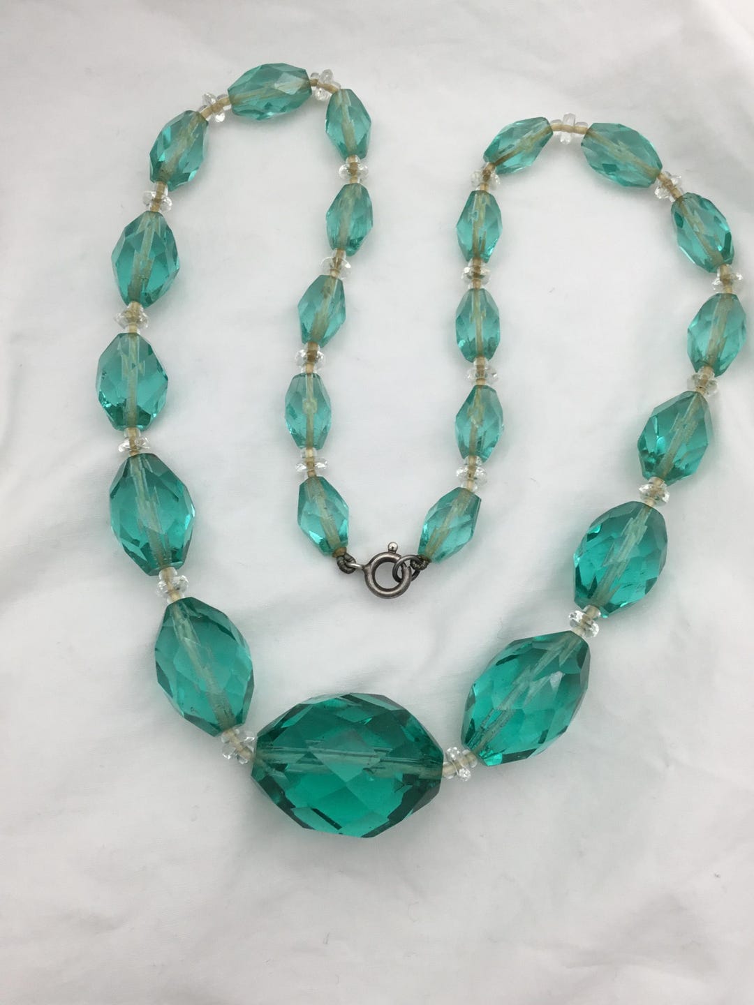 Vintage 1920s to 1930s Teal Blue Glass Crystal Big Bead Necklace Silver ...