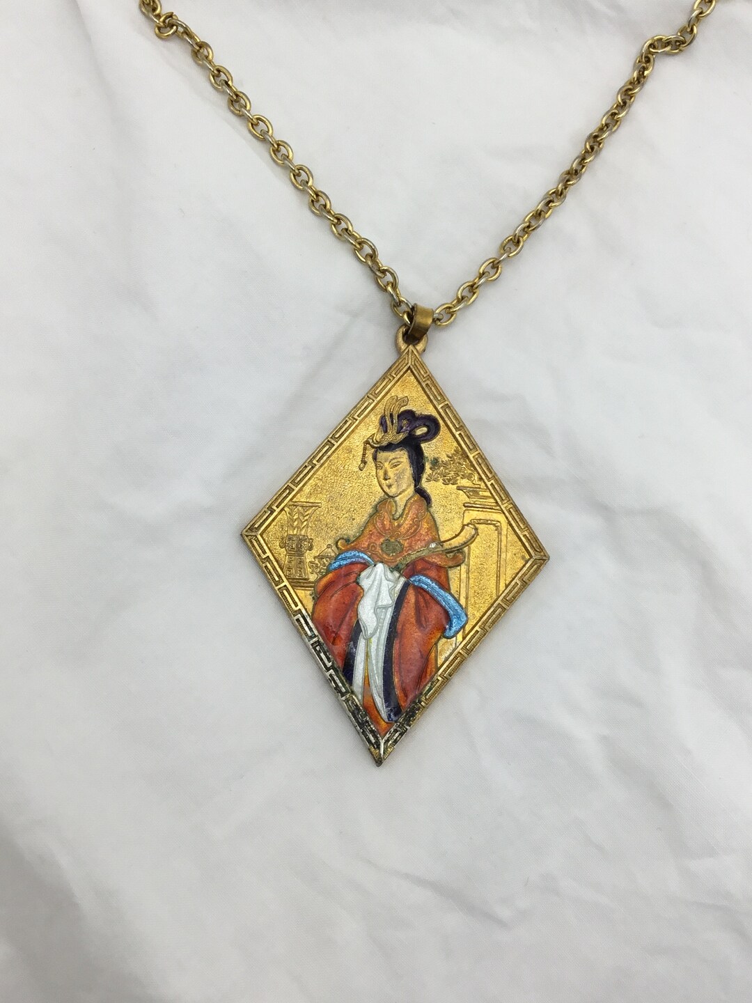 Vintage Japanese Enamel Man Picture Red White Blue Traditional Costume ...