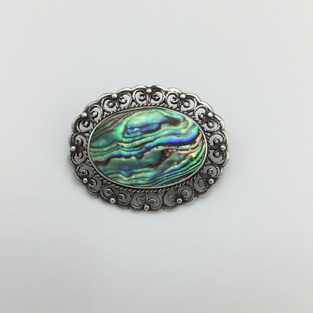 Vintage 1940s to 1950s Sterling Silver Paua Shell Oval Brooch 4.3cm X 3 ...