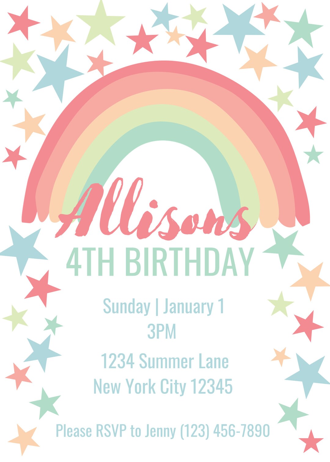 Rainbow Birthday Invitation, Bright 4th Birthday Invite, Rainbow ...
