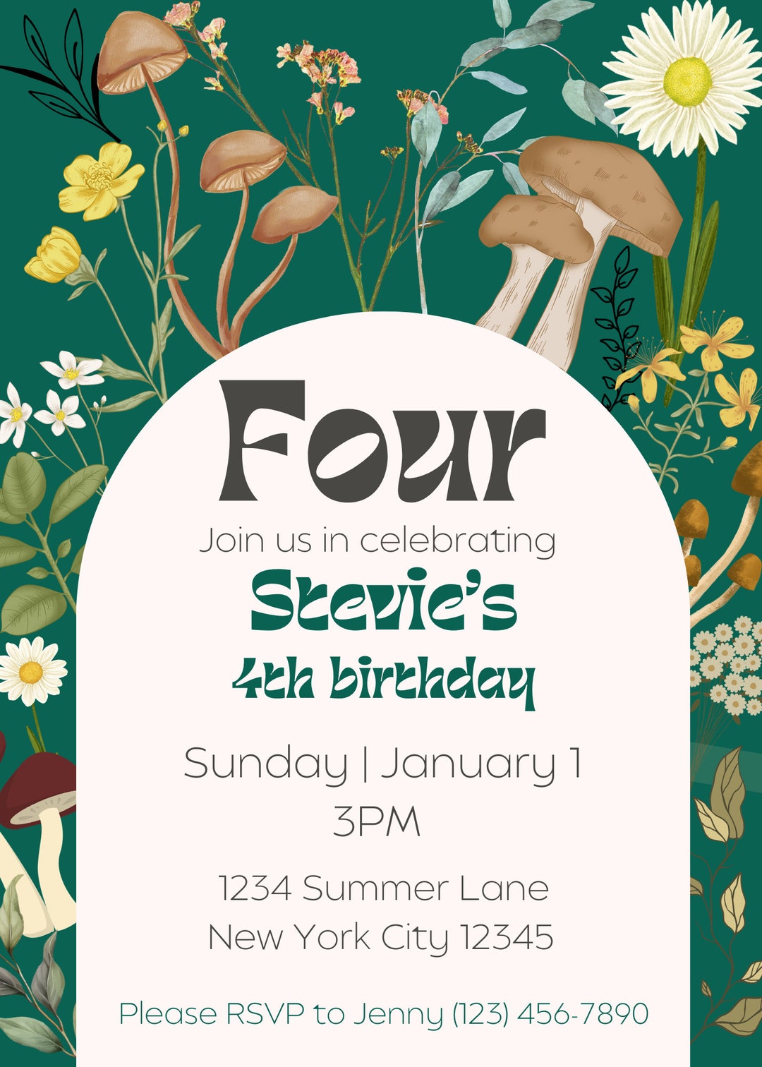 Nature Mushroom Birthday Invitation, Wildflower 4th Birthday Invite ...