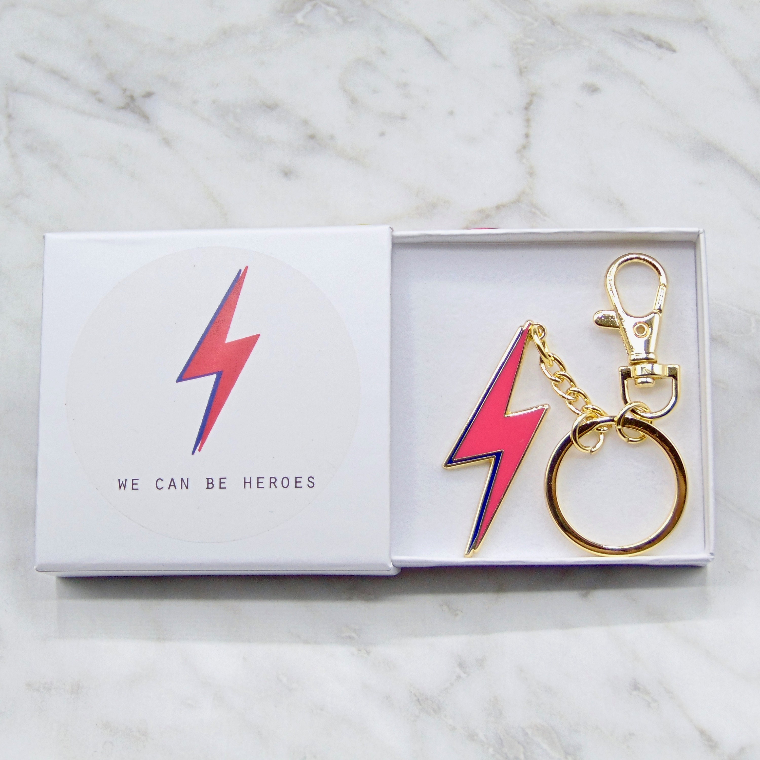 We Can Be Heroes Enamel Keychain - David Bowie Lightning Bolt Pink Bag ...