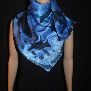 Hand Painted Blue Ocean Square Silk Scarf,blue Fishes and Ocean Plants ...