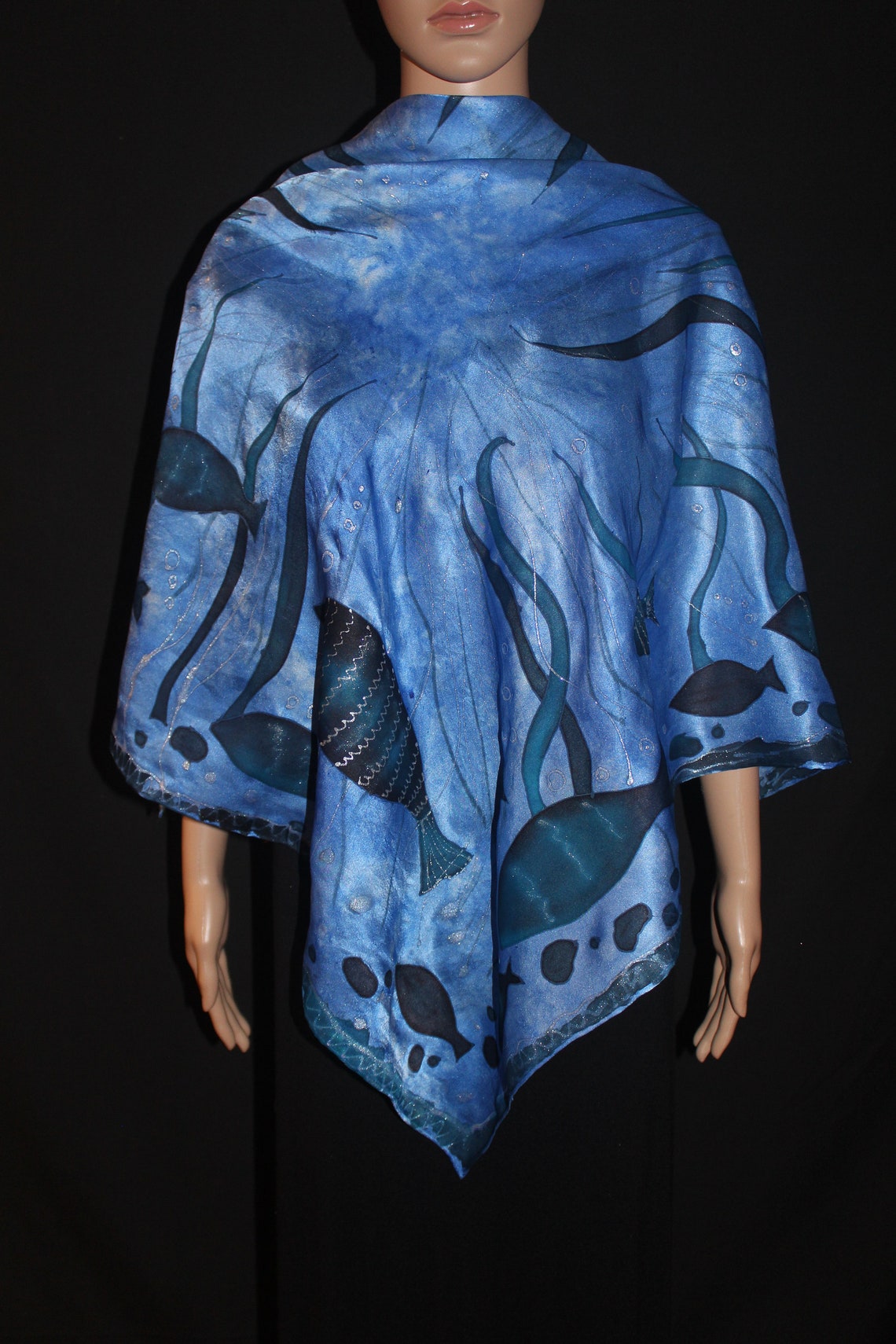 Hand Painted Blue Ocean Square Silk Scarfblue Fishes and | Etsy