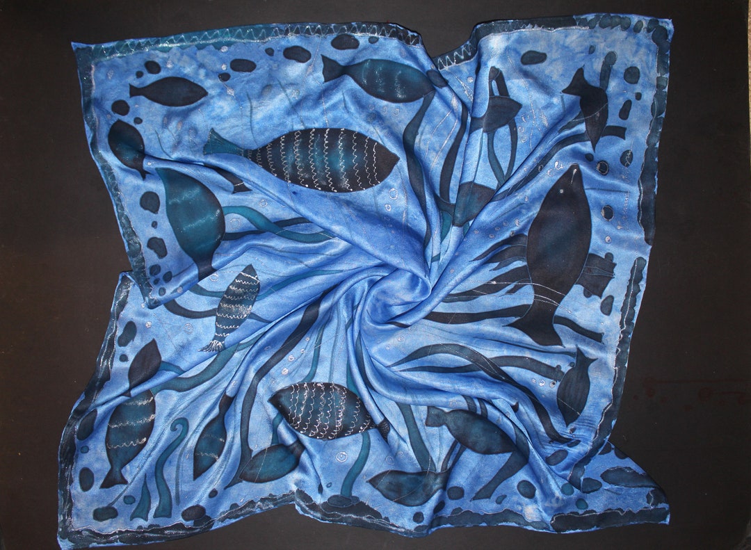 Hand Painted Blue Ocean Square Silk Scarf,blue Fishes and Ocean Plants ...