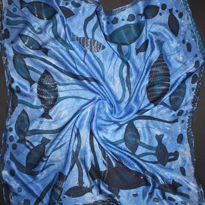 Hand Painted Blue Ocean Square Silk Scarf,blue Fishes and Ocean Plants ...