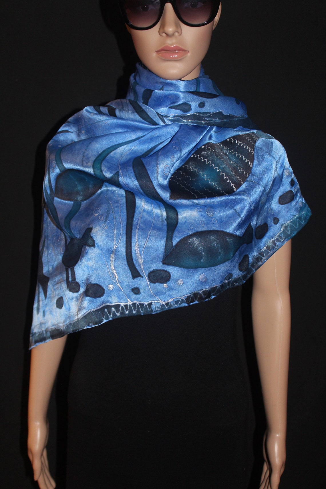 Hand Painted Blue Ocean Square Silk Scarfblue Fishes and | Etsy
