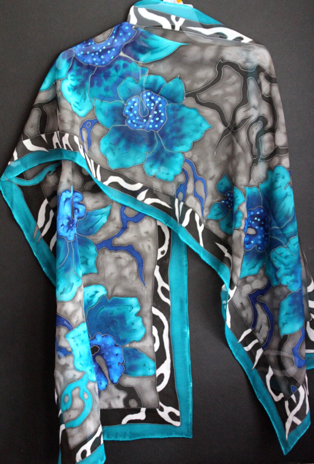 Hand Painted Turquoise Blue Floral Scarf,silk Chiffon Scarf, Blue ...