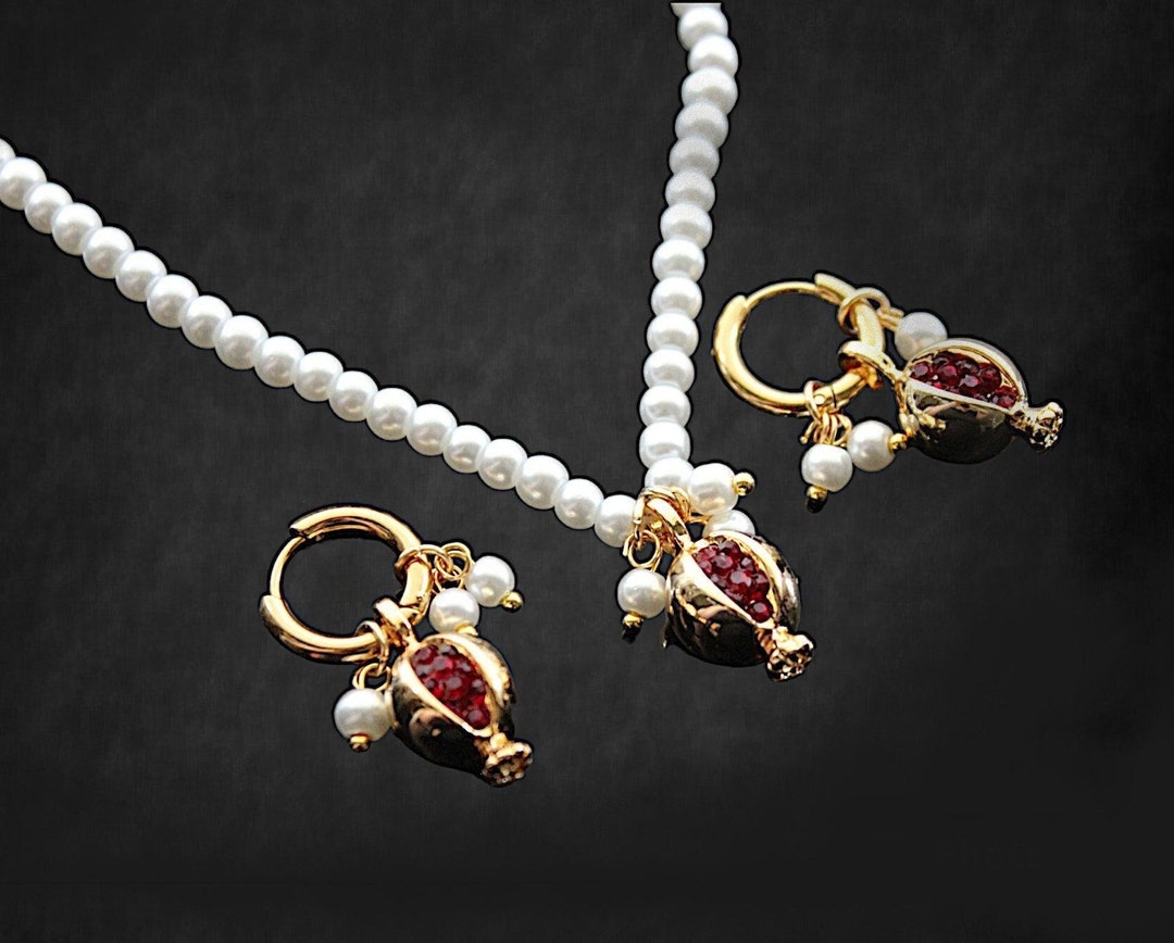 Gold Plated Pomegranate Hoop Earrings With Red Zircons Ang Glass Pearl ...