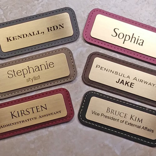 Leather & Brass Magnetic Name Tags. With 2 Lines of Text. - Etsy