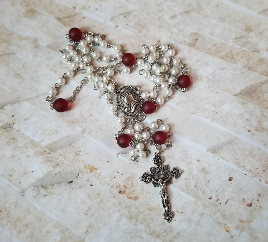 Catholic Rosary, Six Decade Rosary, Stainless Steel Pins, White and Red ...