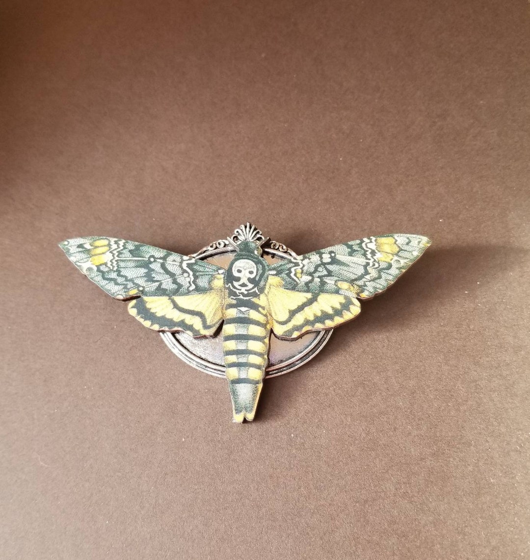 Deaths Head Moth Brooch, Death's Head Moth Pin, Silver Accents, Wood ...